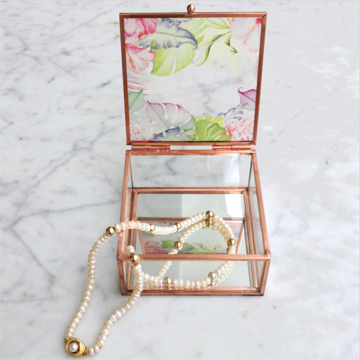 Whimsical Script Tropical Rose Gold Glass Jewellery Box